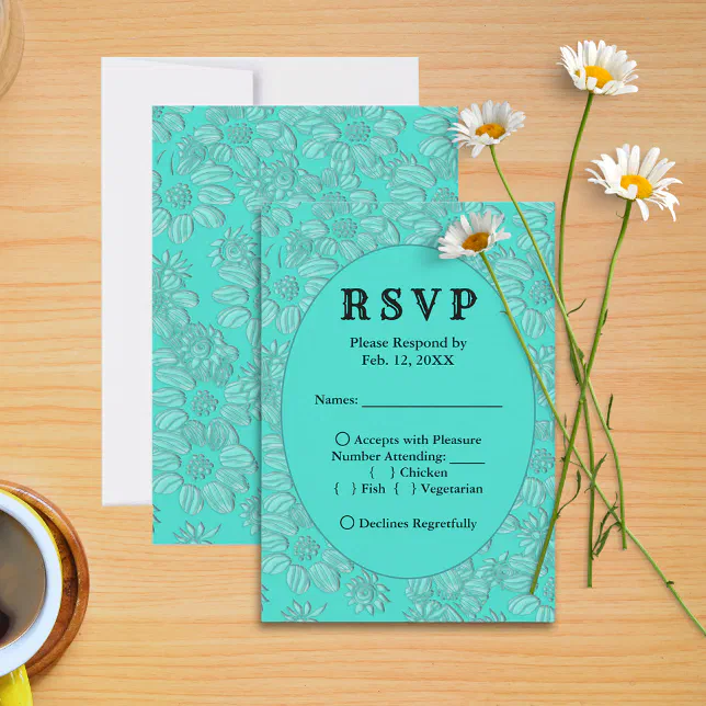 Romantic Daisies Turquoise Wedding RSVP Menu Card | Zazzle