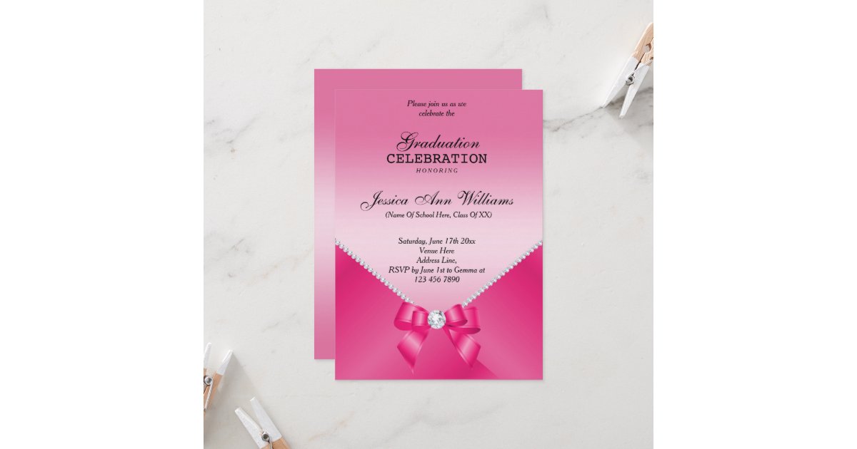 Romantic Diamonds & Pink Bow Graduation Invitation | Zazzle