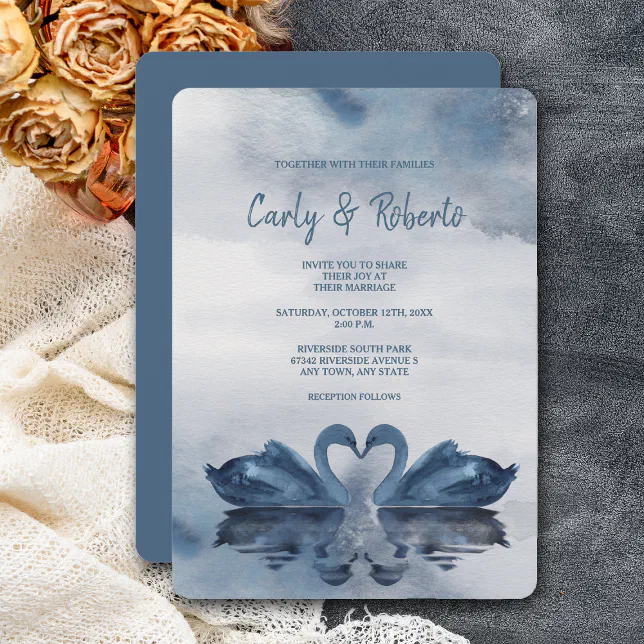 Romantic Double Blue Swan Wedding Invitation | Zazzle
