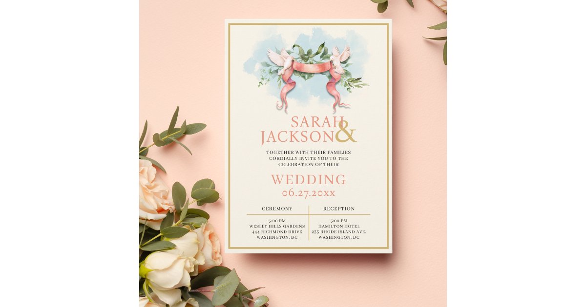 Romantic Doves Coral Wedding Invitation | Zazzle