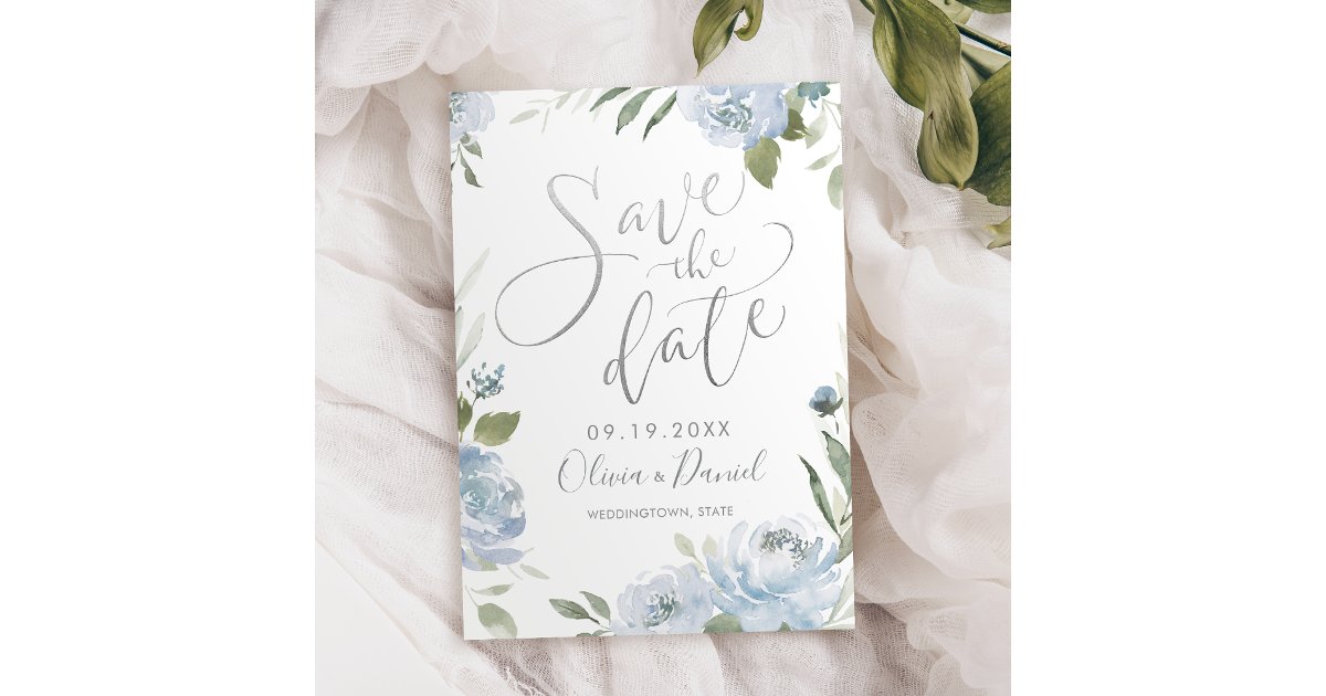 Romantic dusty blue calligraphy save the date | Zazzle