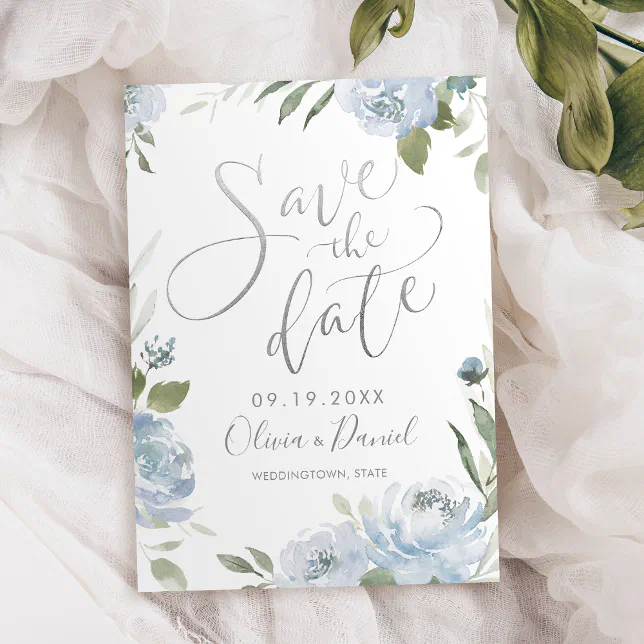 Romantic dusty blue calligraphy save the date | Zazzle
