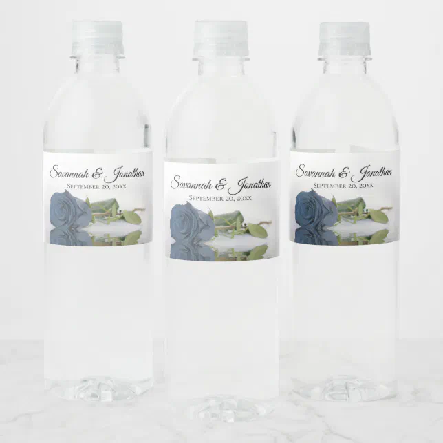 Romantic Dusty Steel Blue Rose Elegant Wedding Water Bottle Label | Zazzle