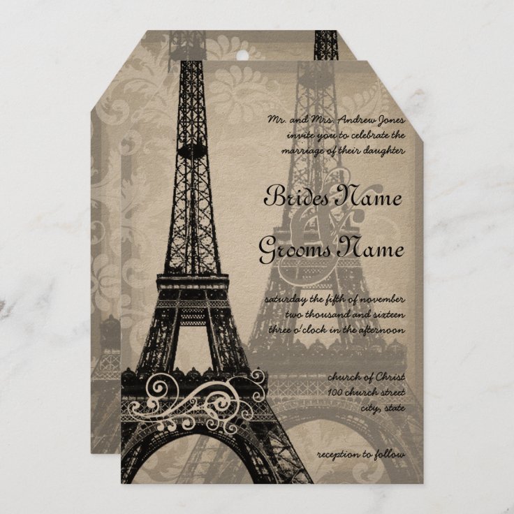 Romantic Eiffel Tower Shadows Damask Wedding Invitation | Zazzle