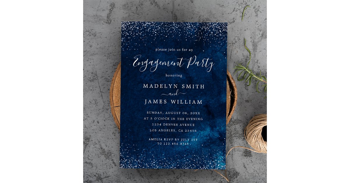 Romantic Engagement Party Navy Blue Silver Invitation | Zazzle