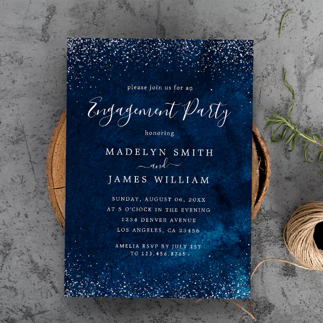 Romantic Engagement Party Navy Blue Silver Invitation | Zazzle