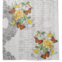 Romantic Ephemera Butterflies Floral French Script Shower Curtain | Zazzle