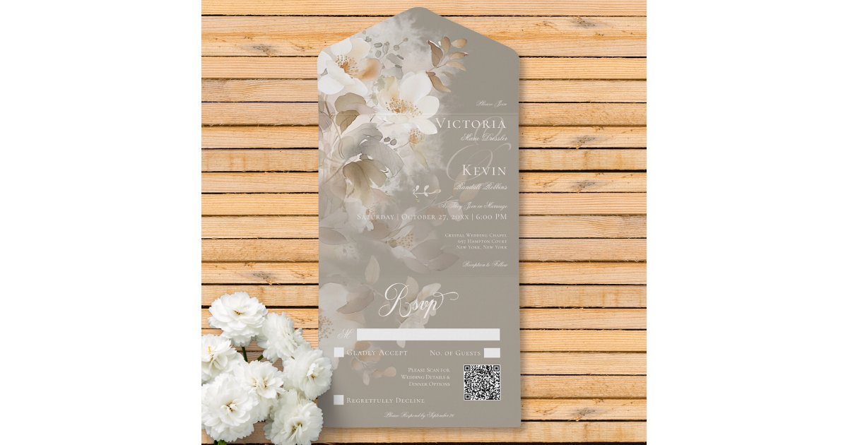 Romantic Ethereal Neutral Beige Floral QR Code All In One Invitation ...