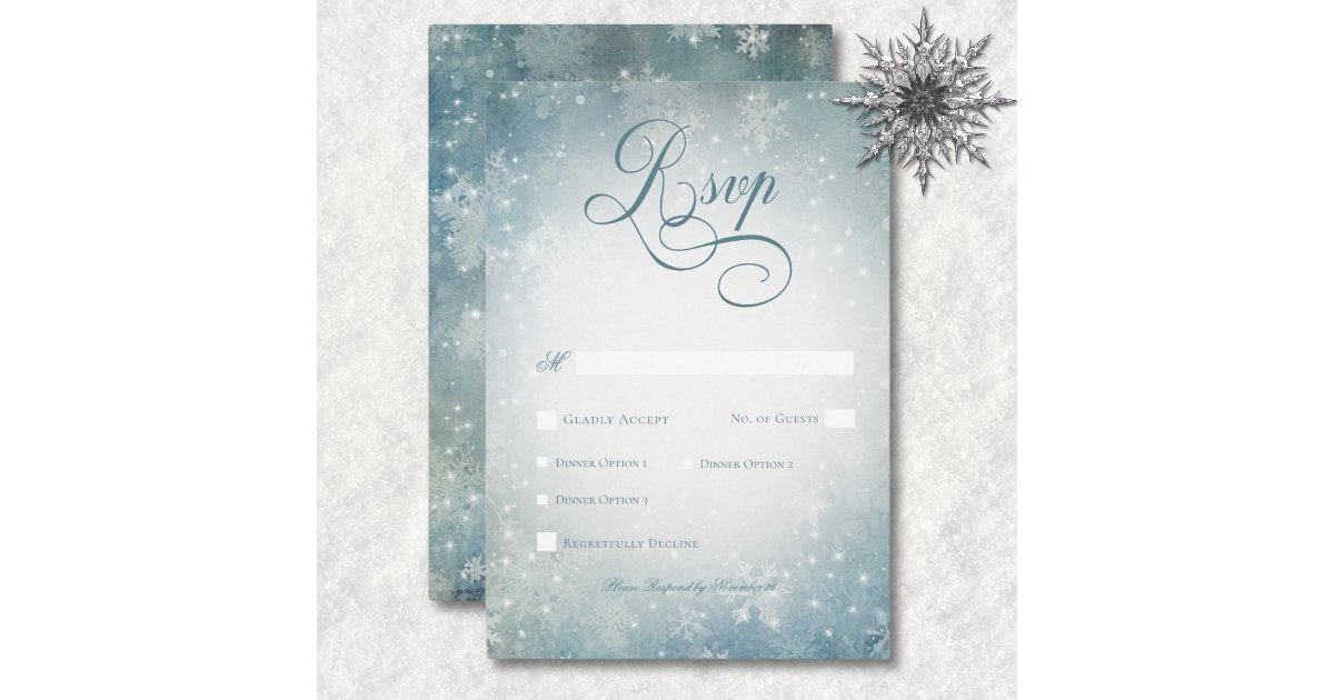 Romantic Falling Snow Blue & White Sparkle Dinner RSVP Card | Zazzle