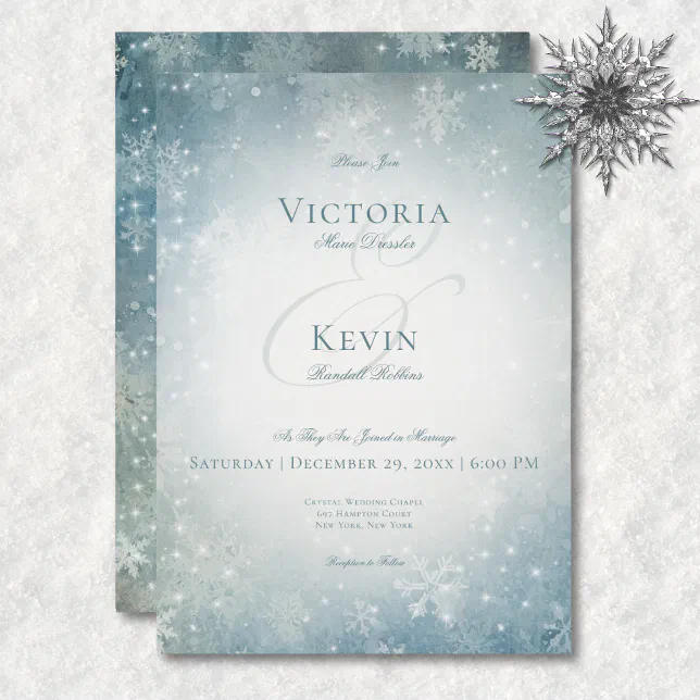 Romantic Falling Snow Blue & White Sparkle Invitation | Zazzle