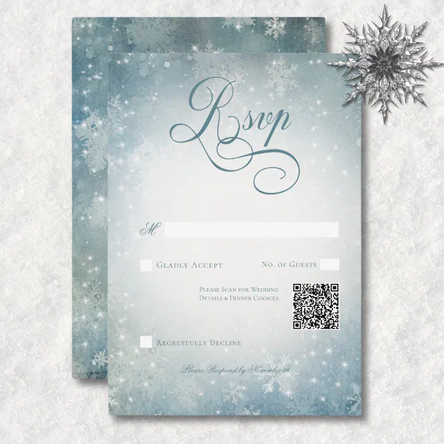 Romantic Falling Snow Blue & White Sparkle QR Code RSVP Card | Zazzle