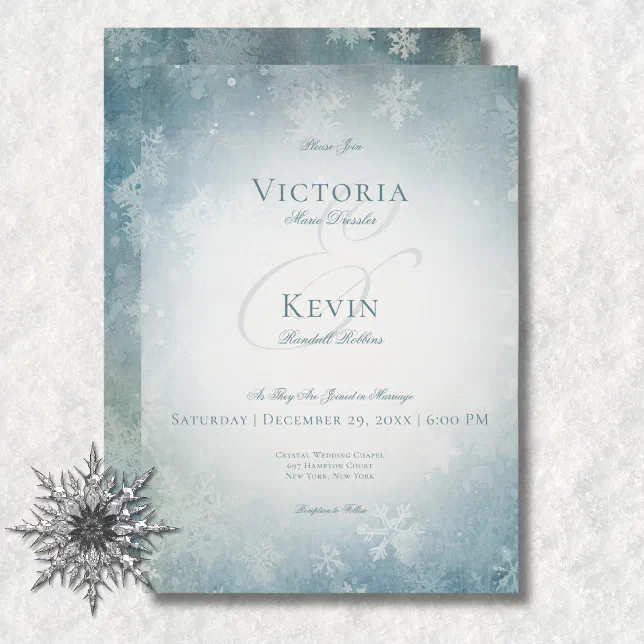 Romantic Falling Snow Blue & White Wedding Invitation | Zazzle