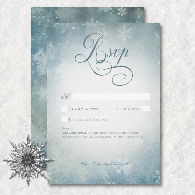Romantic Falling Snow Blue White Wedding No Dinner RSVP Card | Zazzle