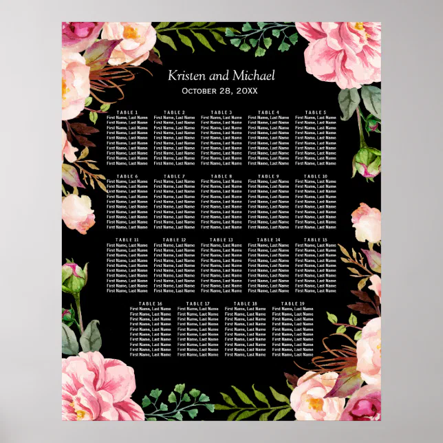 Romantic Floral 19 Tables Wedding Seating Chart | Zazzle