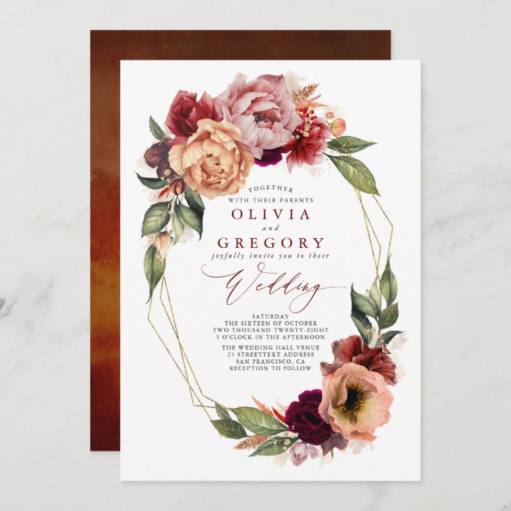 Romantic Floral Earthy Tones Fall Wedding Invitation | Zazzle