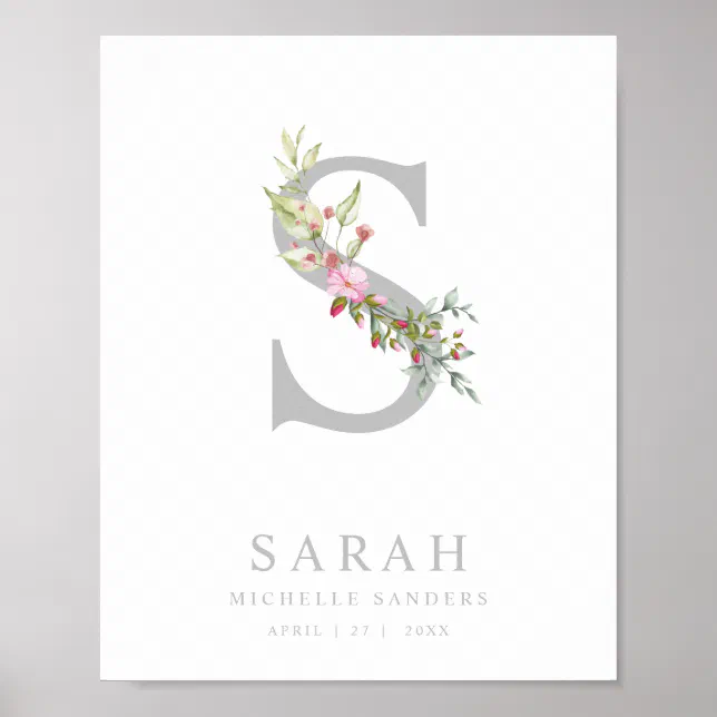 Romantic Floral Initials for Baby Girl in Pink Poster | Zazzle