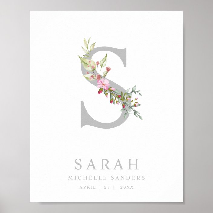 Romantic Floral Initials for Baby Girl in Pink Poster | Zazzle.com
