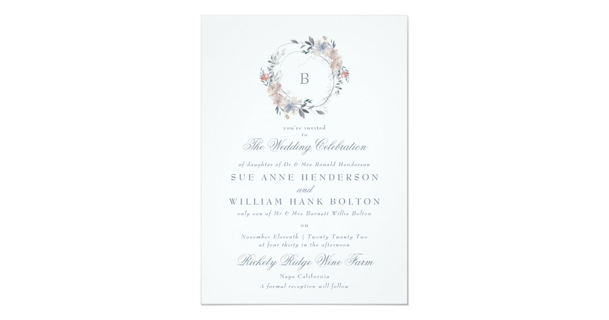 Romantic Floral Monogram Wreath Wedding Invitation