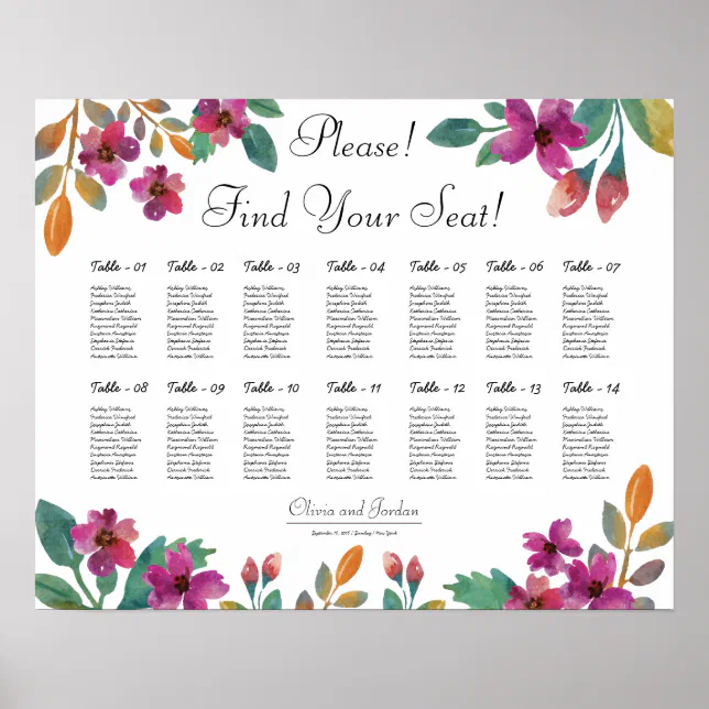 Romantic Floral Wedding Seating Chart Poster | Zazzle