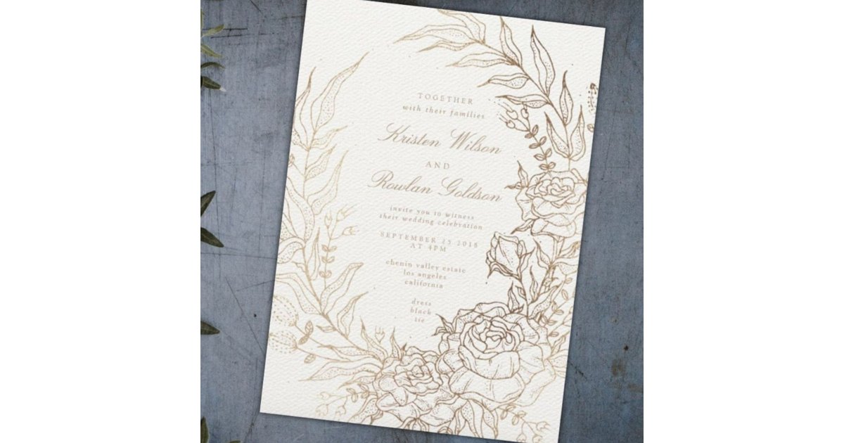 Romantic Flower Gold Wreath Wedding Invitation | Zazzle