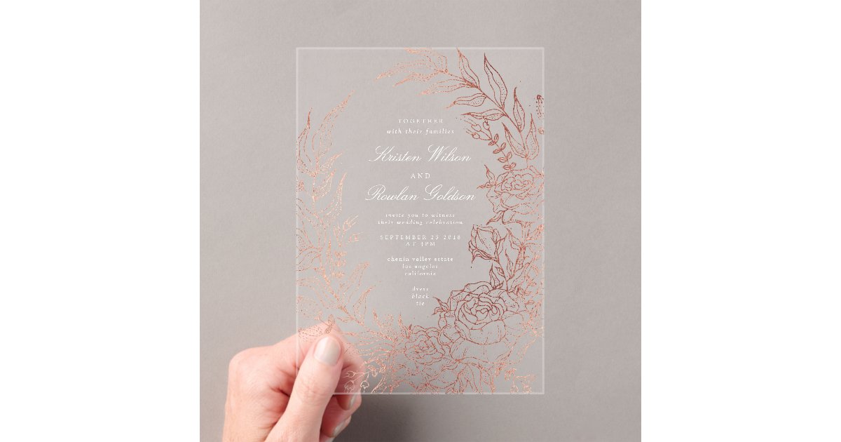 Romantic Flower Roes Gold Wreath Wedding Acrylic Invitations | Zazzle
