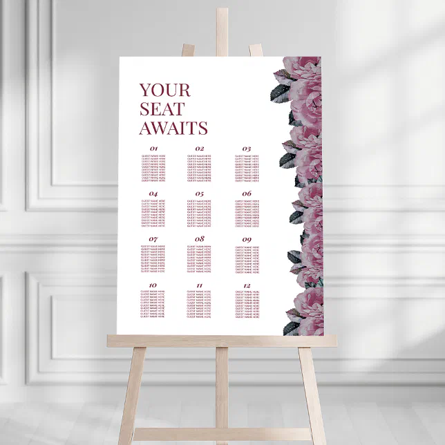 Romantic Flower Wedding 12 Table Seating Chart Foam Board | Zazzle