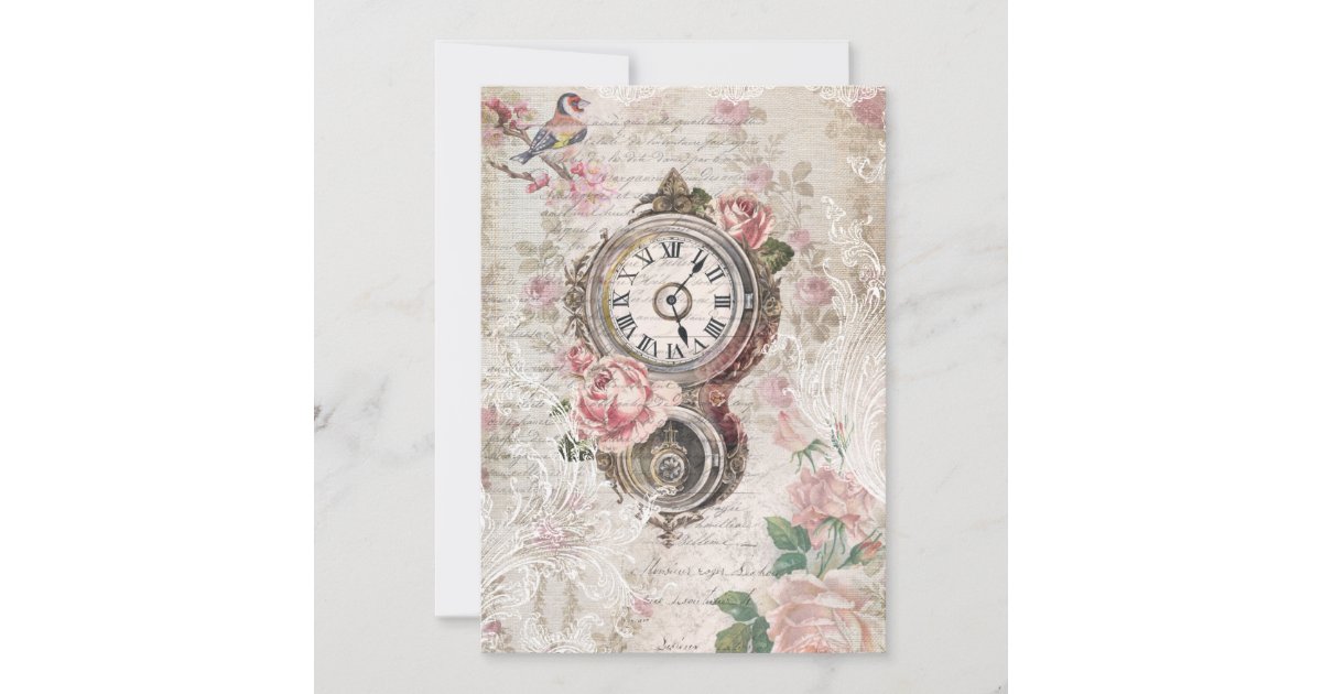 Romantic French Roses, Clock & Filigree Collage Note Card | Zazzle