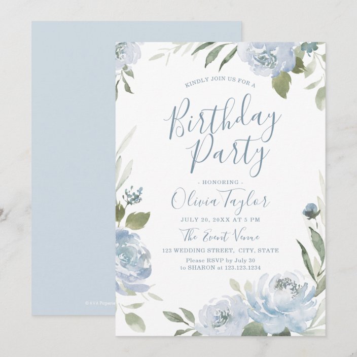 Romantic garden dusty blue floral birthday Party I Invitation | Zazzle.com