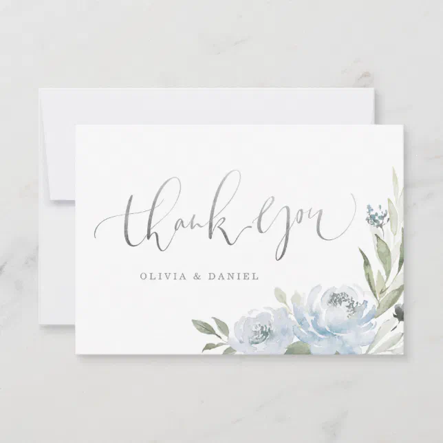 Romantic garden dusty blue floral calligraphy thank you card | Zazzle