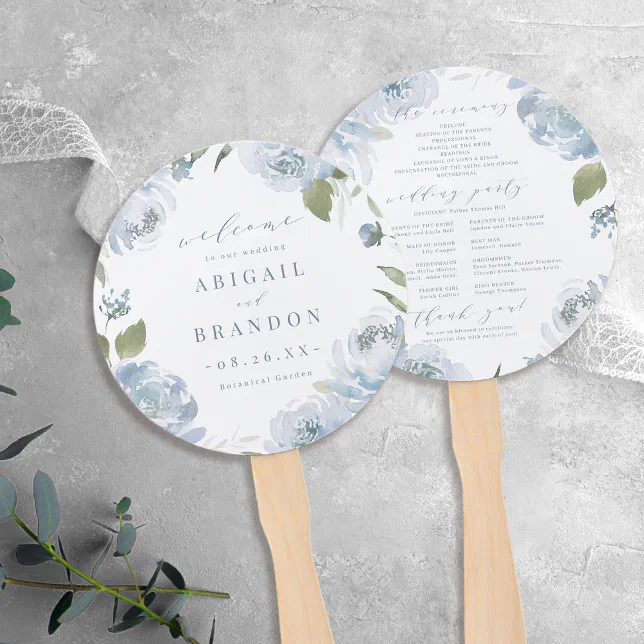 Romantic garden dusty blue floral wedding Program Hand Fan | Zazzle