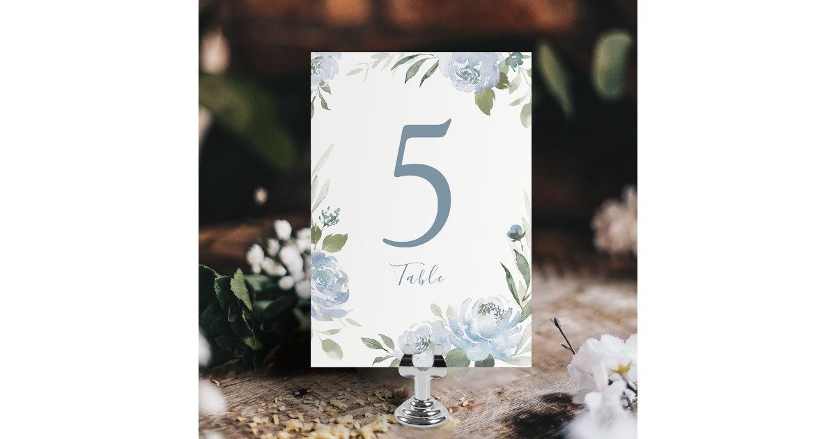 Romantic garden dusty blue floral wedding table number | Zazzle