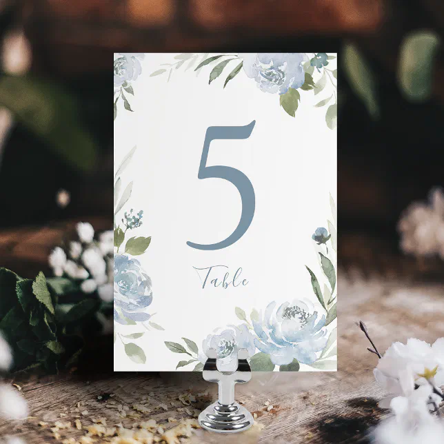 Romantic garden dusty blue floral wedding table number | Zazzle