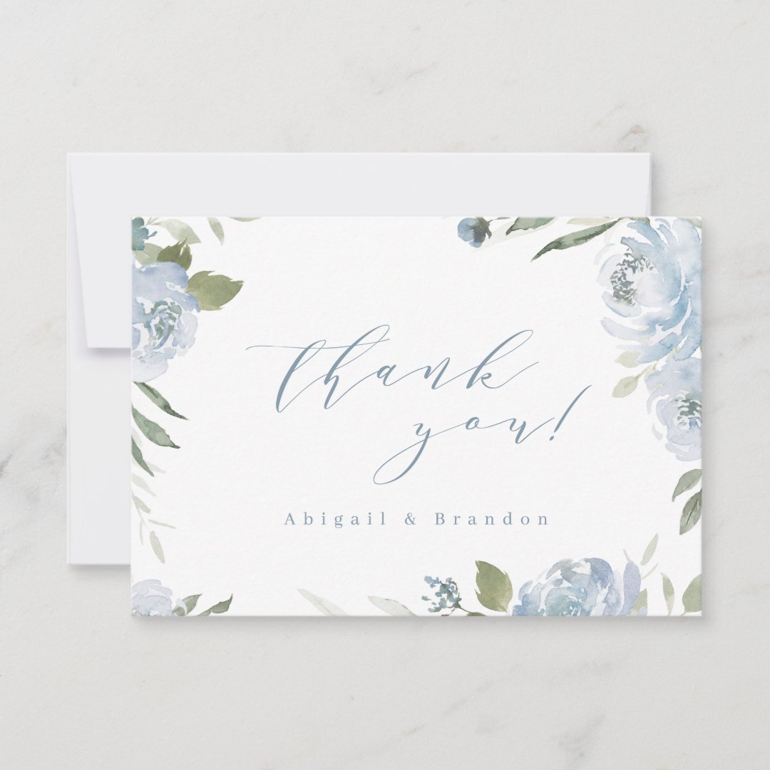Romantic garden dusty blue floral wedding thank you card | Zazzle