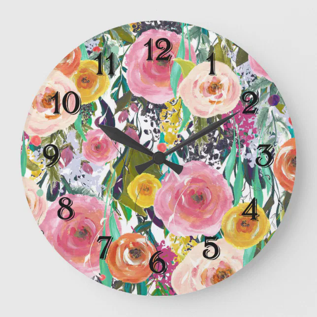 Romantic Garden Watercolor Flowers Large Clock | Zazzle