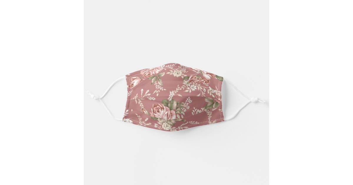 Romantic Girly Blush Roses - Dark Pink Background Adult Cloth Face Mask ...