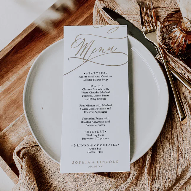 Romantic Gold and Black Calligraphy Wedding Menu Invitation | Zazzle