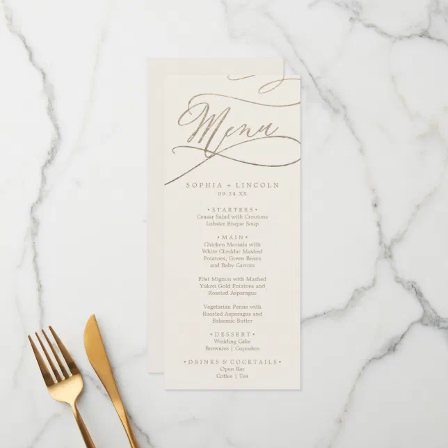 Romantic Gold and Ivory Wedding Dinner Menu | Zazzle