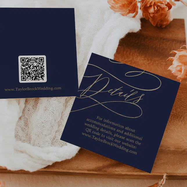 Romantic Gold and Navy QR Code Wedding Details Enclosure Card | Zazzle