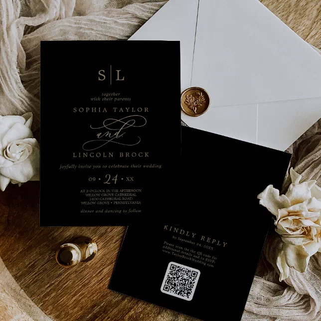Romantic Gold Black Monogram QR Code Back Wedding Invitation | Zazzle