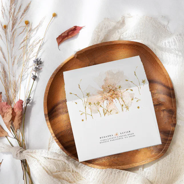 Romantic Gold Blush Pressed Flowers Lined Wedding Envelope | Zazzle