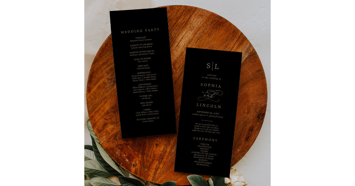 Romantic Gold Calligraphy | Black Monogram Wedding Program | Zazzle