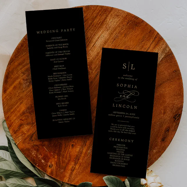 Romantic Gold Calligraphy | Black Monogram Wedding Program | Zazzle