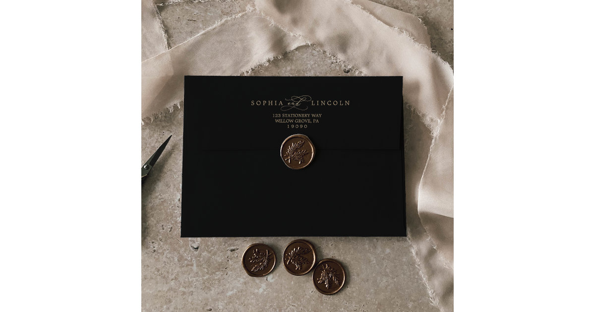 Romantic Gold Calligraphy Black Wedding Invitation Envelope | Zazzle