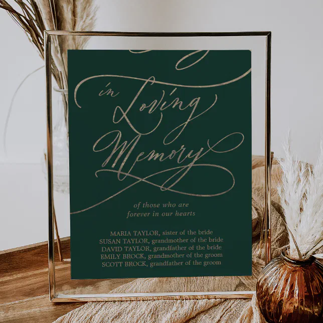 Romantic Gold Calligraphy | Green In Loving Memory Poster | Zazzle