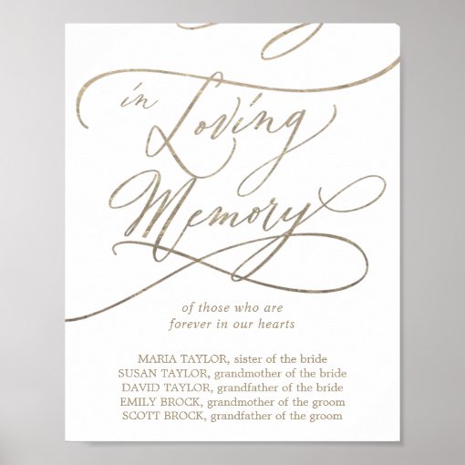 Romantic Gold Calligraphy In Loving Memory Sign | Zazzle