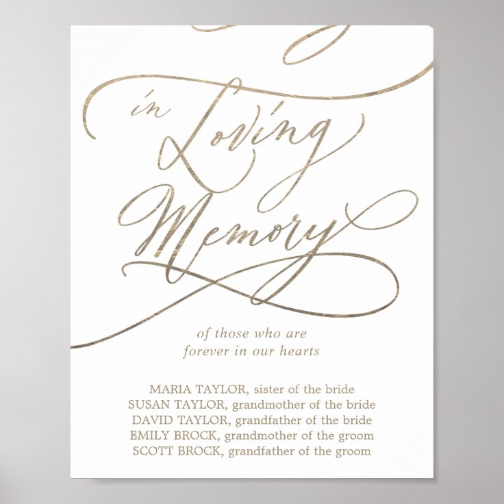 Romantic Gold Calligraphy In Loving Memory Sign | Zazzle