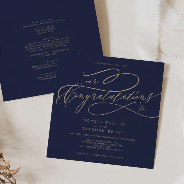 Romantic Gold Calligraphy Navy Congratulations Invitation | Zazzle