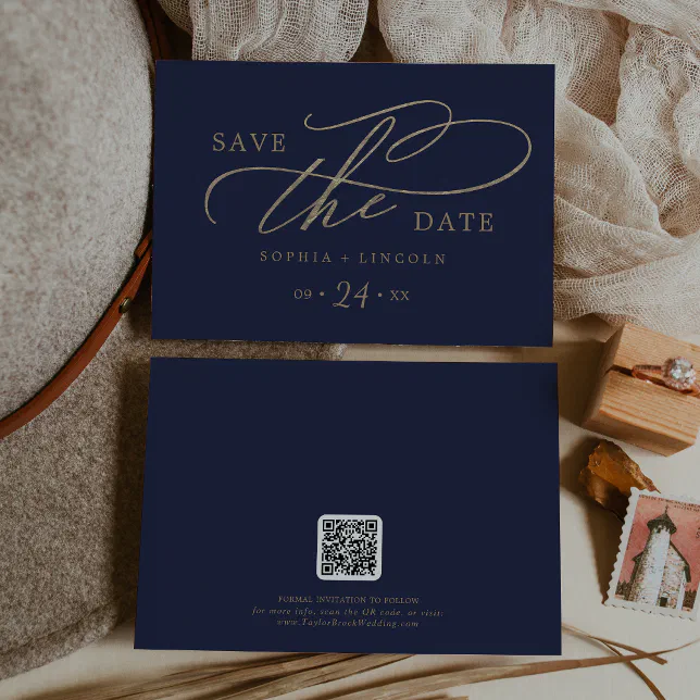 Romantic Gold Calligraphy Navy QR Code Horizontal Save The Date | Zazzle