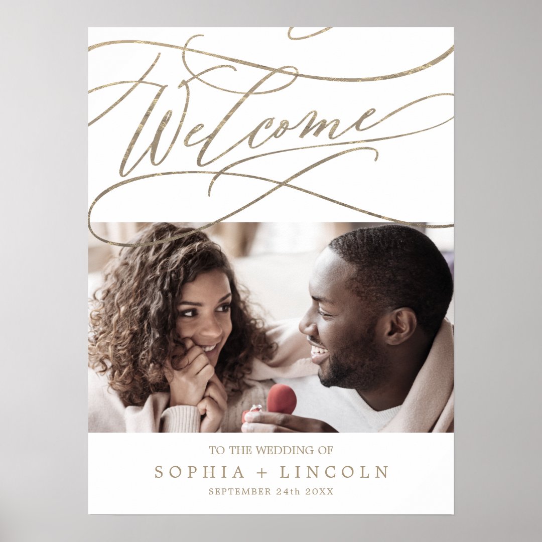 Romantic Gold Calligraphy Photo Welcome Wedding Poster | Zazzle