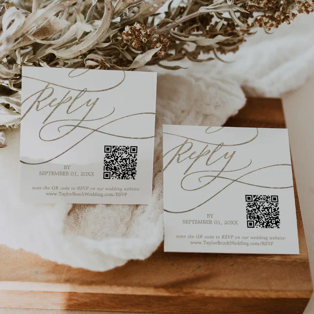 Romantic Gold Calligraphy QR Code Wedding RSVP Enclosure Card | Zazzle